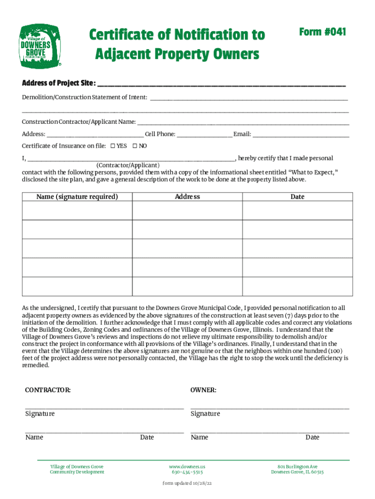 Fillable Online Certificate of Notification to Adjacent Property Owners Fax Email Print - pdfFiller