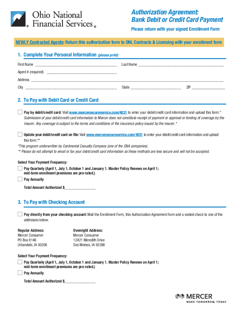 Fillable Online Authorization Agreement: Bank Debit or Credit Card ...