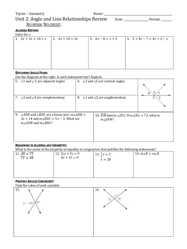 Fillable Online Unit 2: Angle and Line Relationships Review Date Fax ...