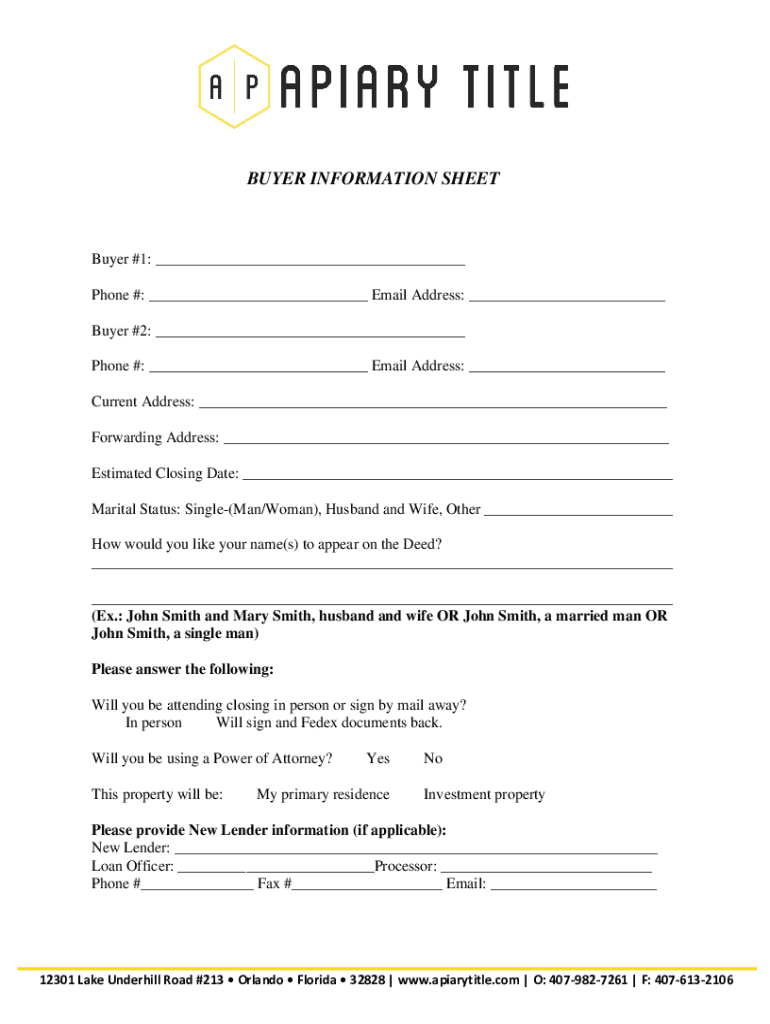 Fillable Online Buyer's Information Sheet - Pinnacle Title & Escrow, Inc. Fax Email Print ...