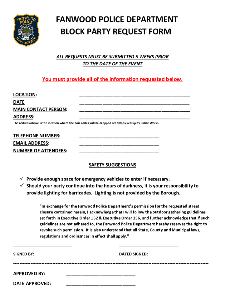 Fillable Online Fanwood Police Dept - Block Party Request Form Fax ...
