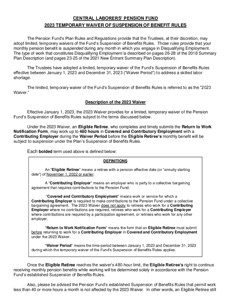 Fillable Online TEMPORARY WAIVER OF SUSPENSION OF BENEFIT RULES Fax ...