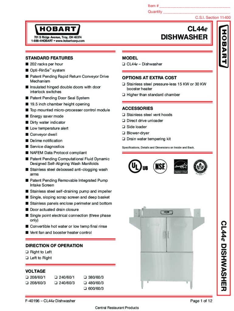 Fillable Online Hobart Conveyor Dishwasher CL44E-8 Spec Sheet. Hobart ...