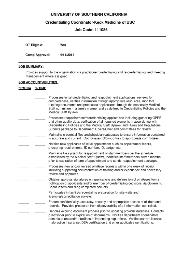 Fillable Online Credentialing Coordinator-Keck Medicine of USC Job Code ...