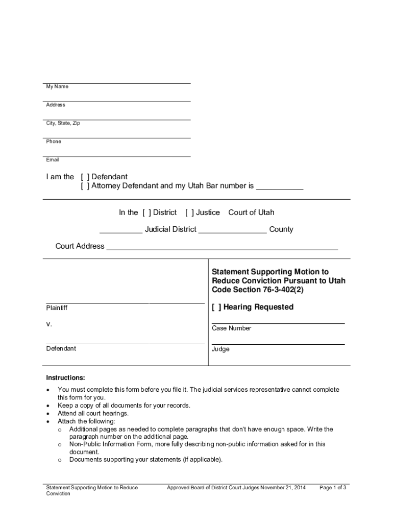 Fillable Online Statement Supporting Motion to Reduce Conviction Pursuant to Utah Code Section ...