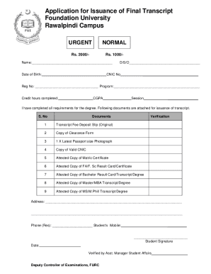 Fillable Online fui edu Application for Issuance of Final Transcript ...