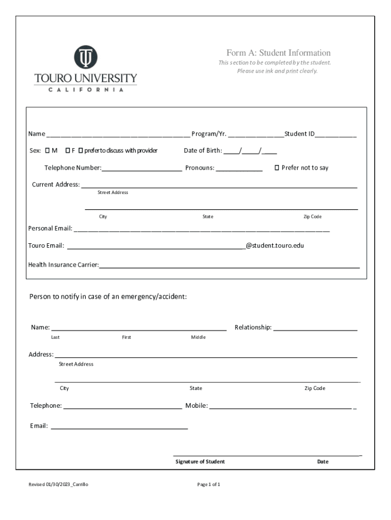 Fillable Online FORM A Student Information. FORM A Student Information ...