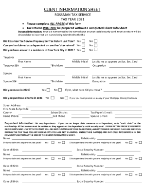 Fillable Online business client information sheet rossman tax service ...