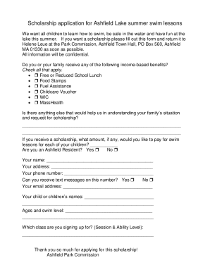 Fillable Online Scholarship application for Ashfield Lake summer swim ...