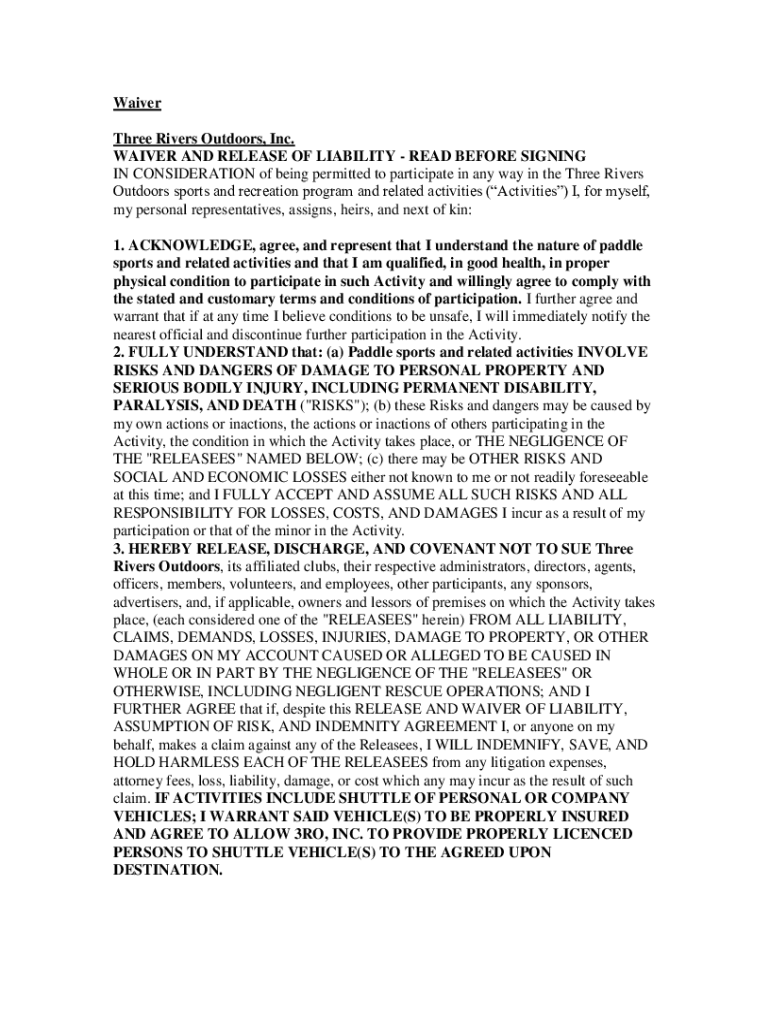 Fillable Online WAIVER OF LIABILITY Form must be SIGNED and ... Fax ...