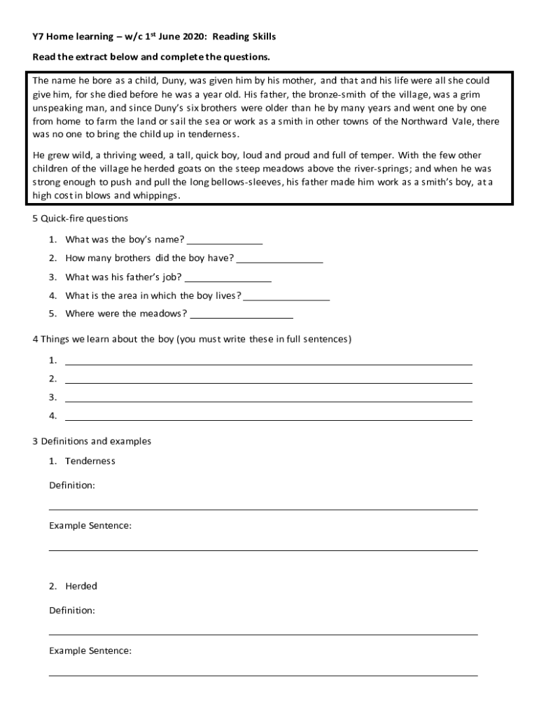 Fillable Online Y7 Home learning w/c 1st June 2020: Reading Skills Fax ...