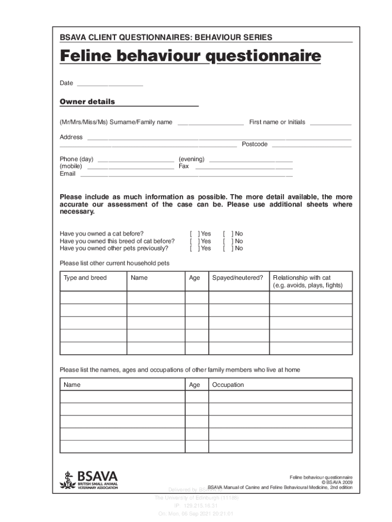 Fillable Online Feline Behaviour Questionnaire Fax Email Print - pdfFiller