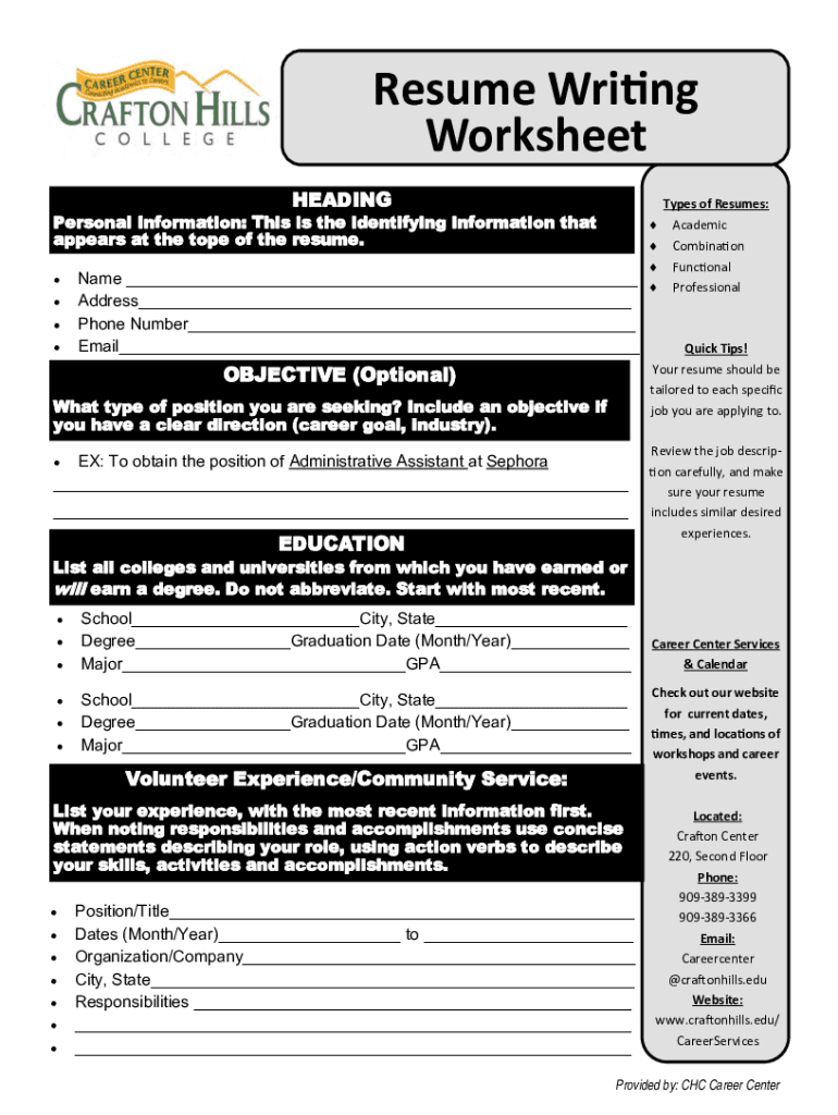 Fillable Online Resume Writing Career Services Fax Email Print - pdfFiller