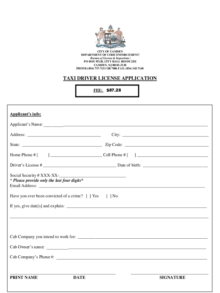 Fillable Online Taxi Driver License Application - Ci.camden.nj.us Fax ...