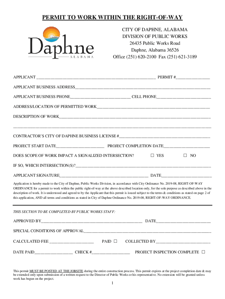Fillable Online City of Daphne Emergency Right of Way Permit Application Fax Email Print - pdfFiller