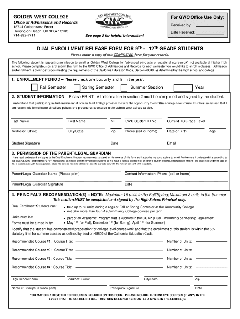 Fillable Online Dual Enrollment Release Form for 9th - 12th Grade ...