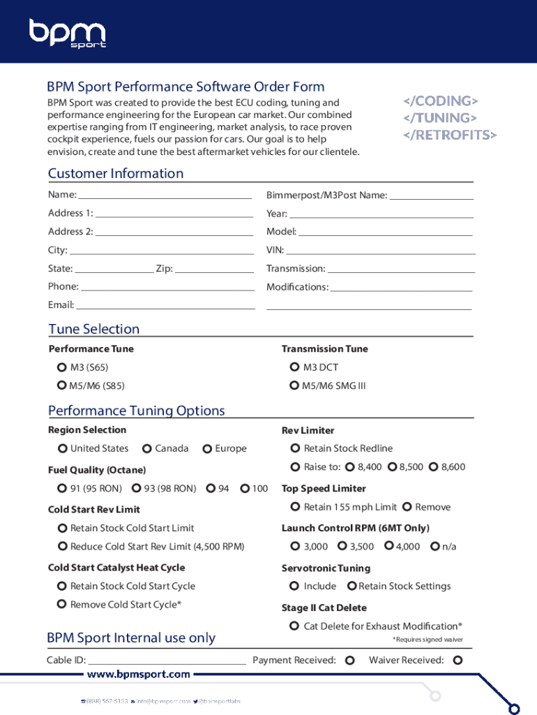 Fillable Online BPM Sport Performance Software Order Form Customer ...