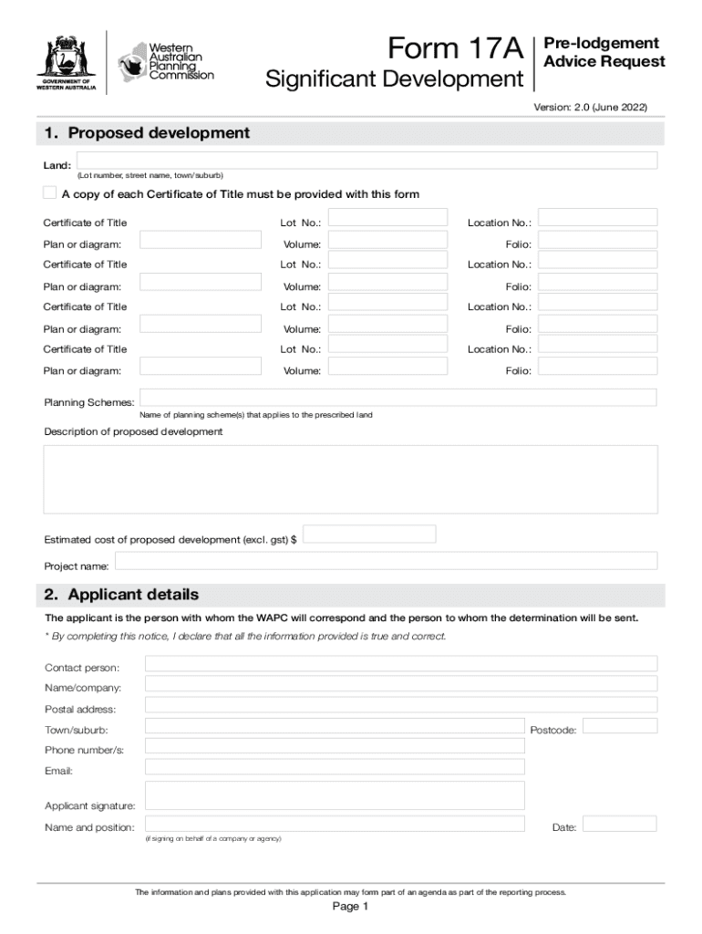 Fillable Online Form 17A Significant Development Pre-lodgement Advice ...