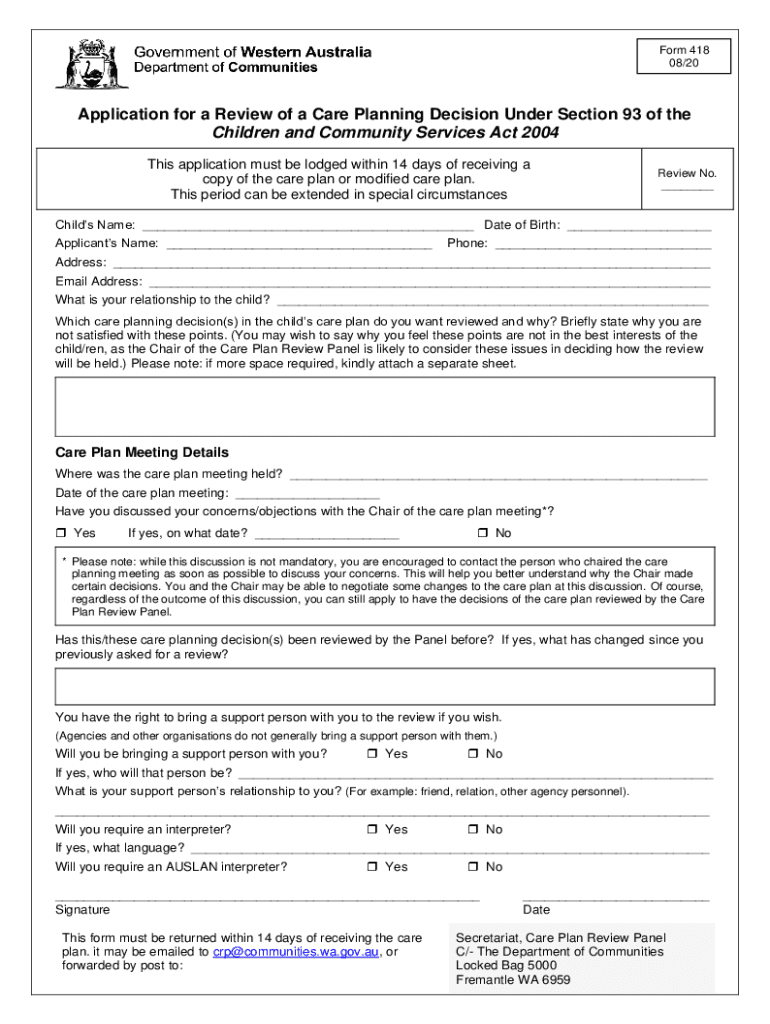Fillable Online Form-418-Application-for-a-Review-of-a-Care-Planning ...