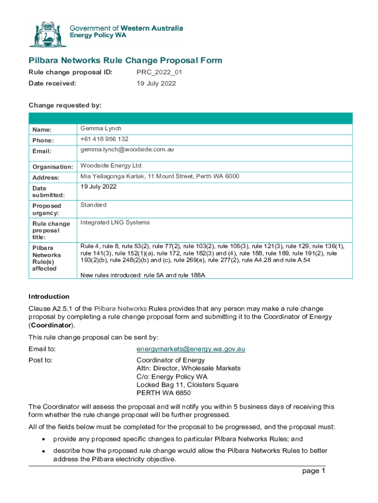 Fillable Online Pilbara Networks Rule Change Proposal Form Fax Email ...