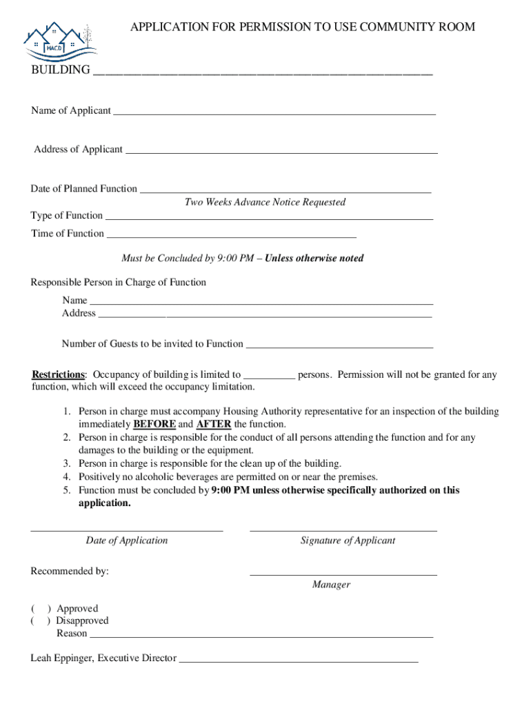 Fillable Online application for permission to use community room ...