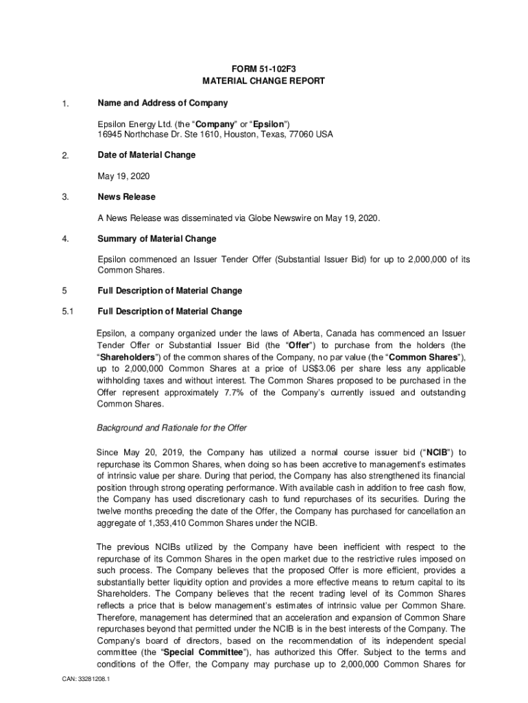 Fillable Online FORM 51-102F3 MATERIAL CHANGE REPORT 1. Name ... Fax ...