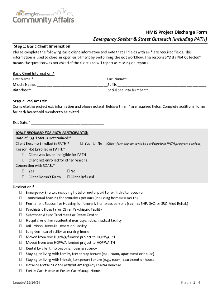 Fillable Online HMIS Project Discharge Form Emergency Shelter & Street ...