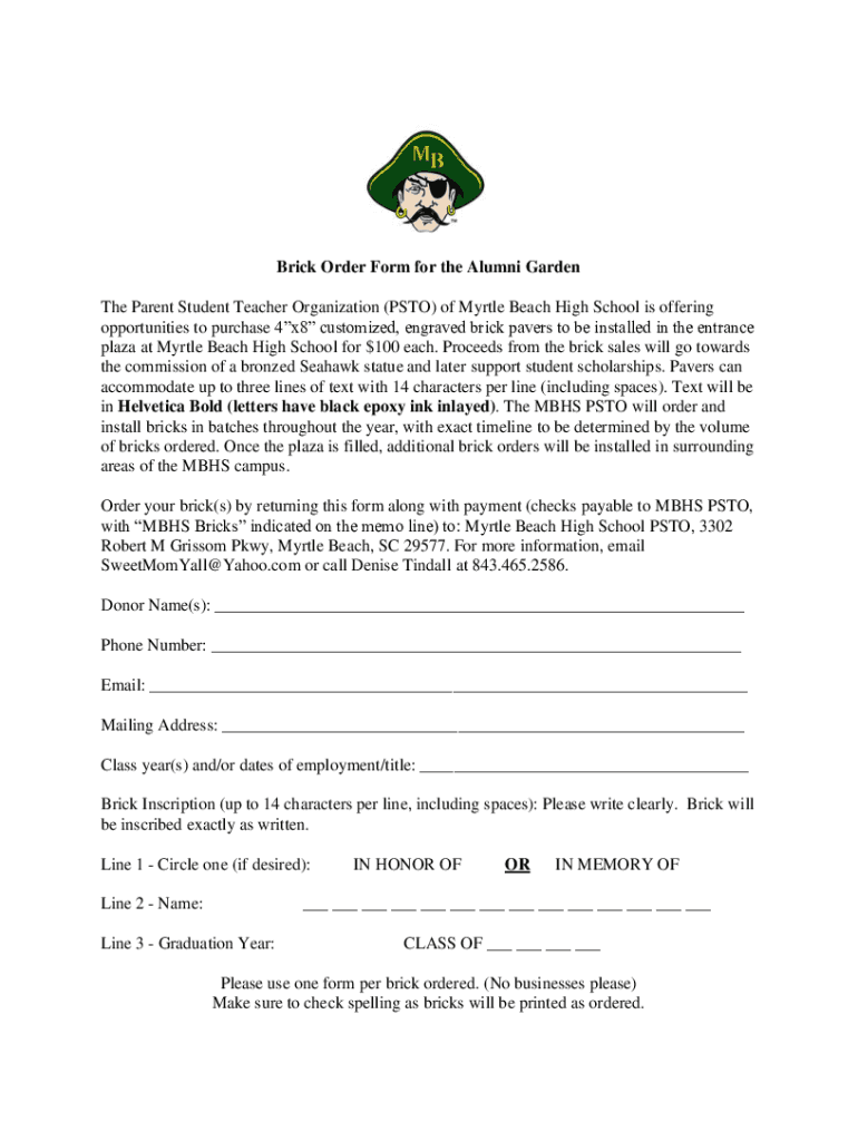 Fillable Online Cape Fear High School Engraved Brick Order Form Fax ...