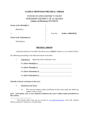 Fillable Online SAMPLE PROPOSED PRETRIAL ORDER - UNITED STATES ... Fax ...