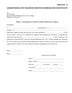 Fillable Online UNDERTAKING FOR TRANSFER CERTIFICATE/MIGRATION ... Fax Email Print - pdfFiller