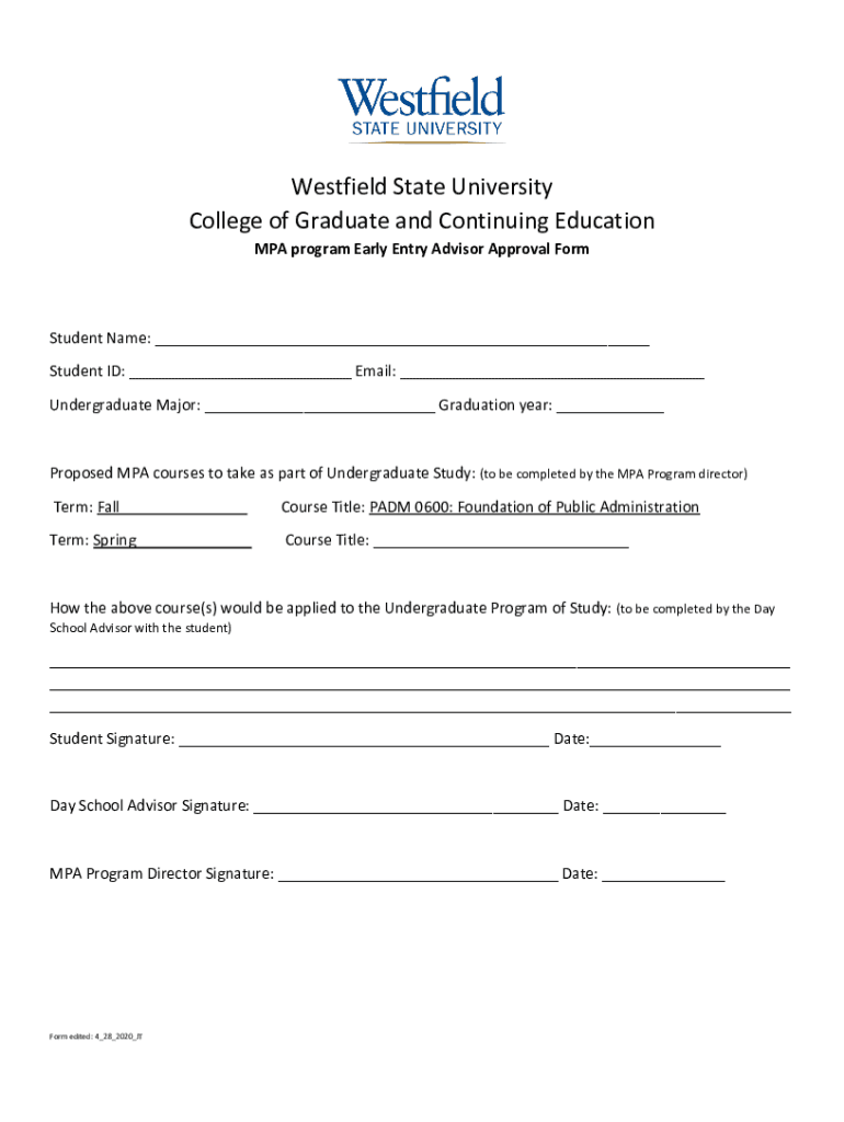 Fillable Online Early Entry (GRADUATE) Application - Westfield State University Fax Email Print ...