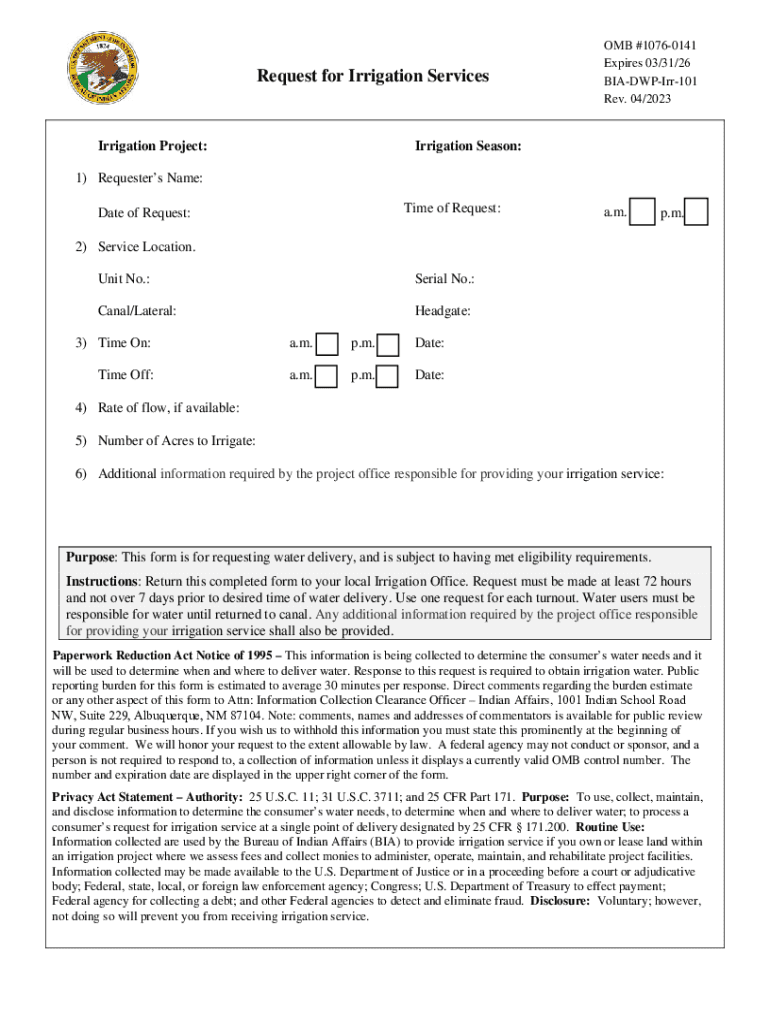 Fillable Online Request for Irrigation Services Form DWP-Irr-101 ...