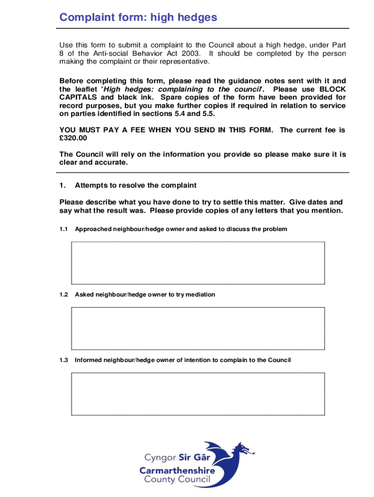 Fillable Online Complaint form: High hedges - Intro - My Account Fax Email Print - pdfFiller