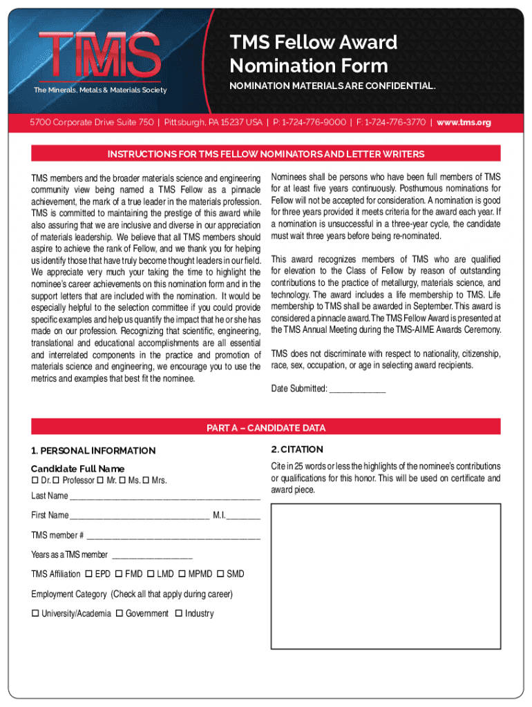 Fillable Online TMS Fellow Award Nomination Form Fax Email Print ...