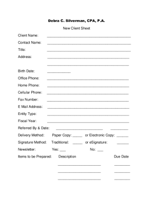 Fillable Online Debra C. Silverman, CPA, P.A. New Client Sheet Client Name Fax Email Print ...