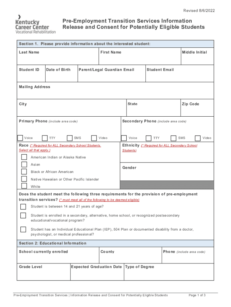 Fillable Online Pre-Employment Transition Services Information Release and Consent for ...