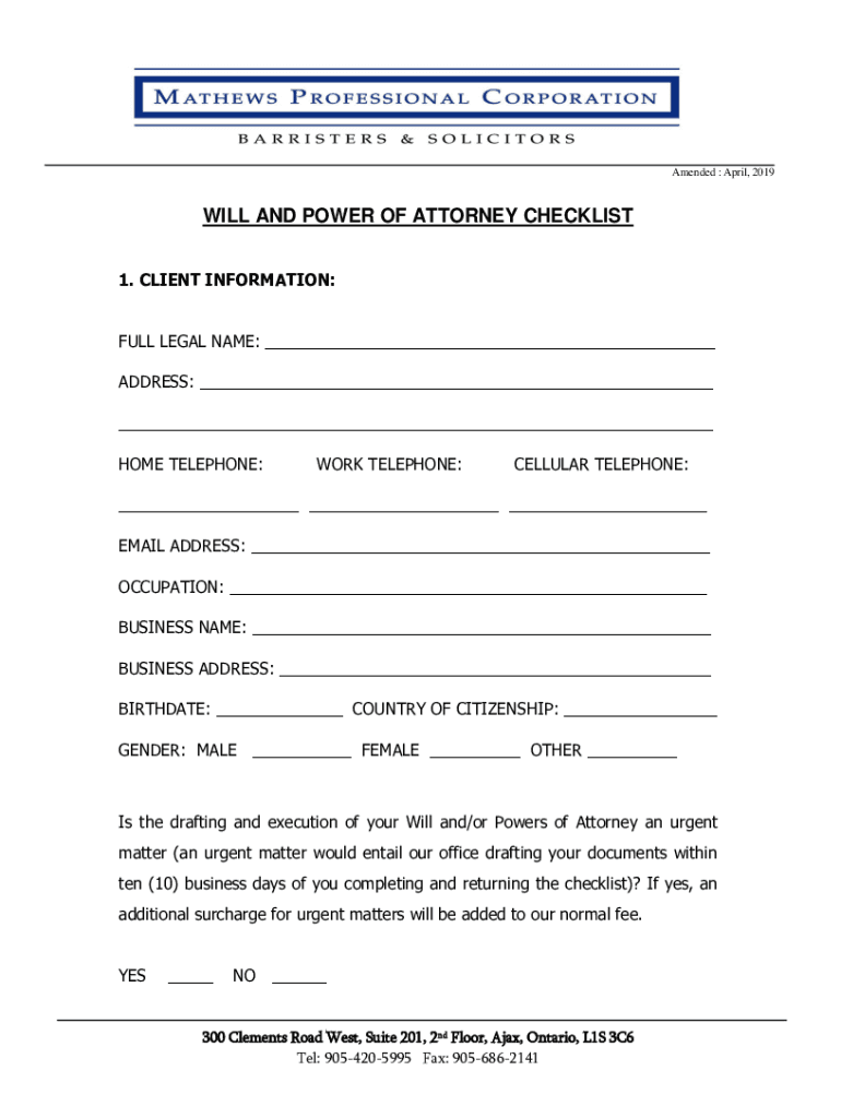 Fillable Online WILL AND POWER OF ATTORNEY CHECKLIST Fax Email Print ...