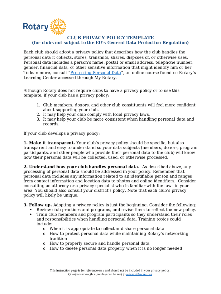 CLUB PRIVACY POLICY TEMPLATE Doc Template | pdfFiller