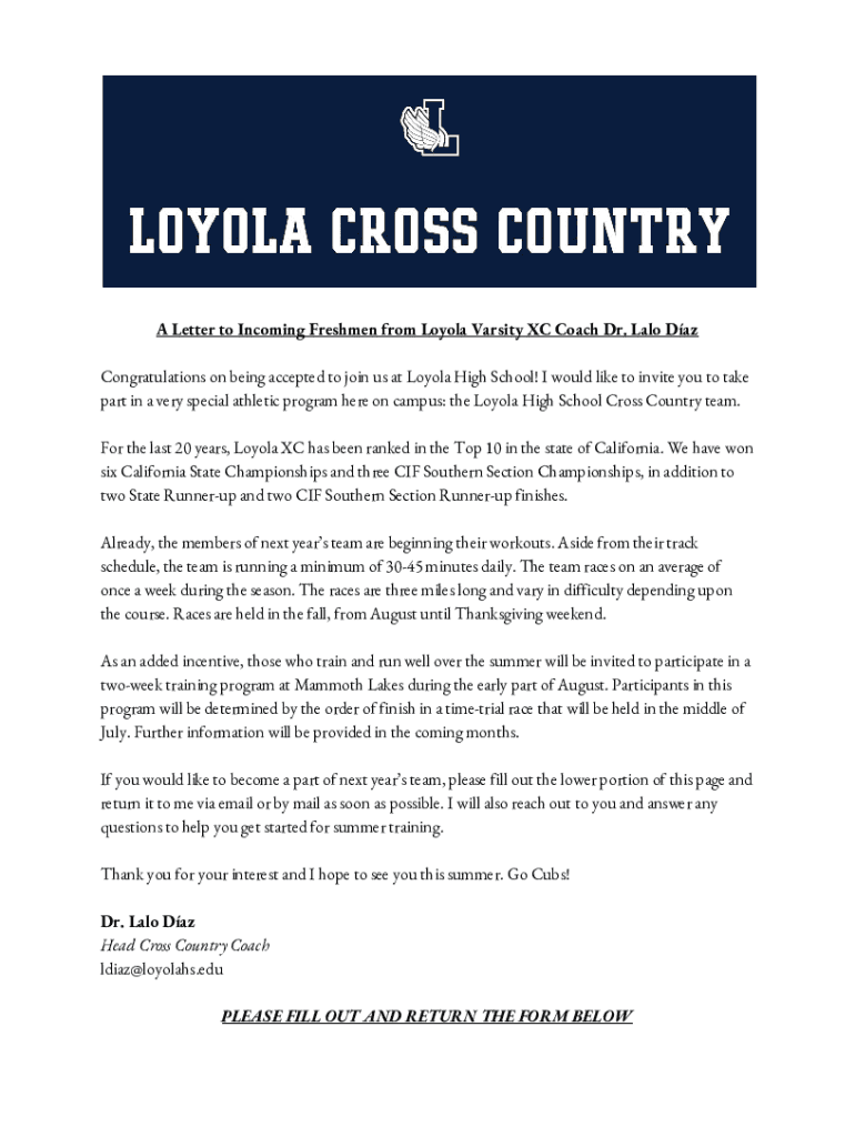 Fillable Online A Letter to Incoming Freshmen from Loyola Varsity XC ...