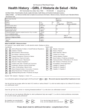 Fillable Online Health History Form - Girl. Form to document health ...