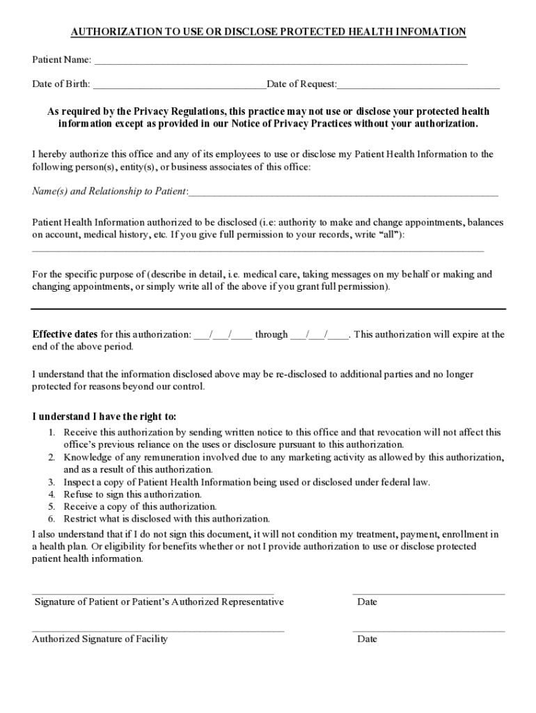 Fillable Online AUTHORIZATION TO USE OR DISCLOSE PROTECTED HEALTH ... Fax Email Print - pdfFiller