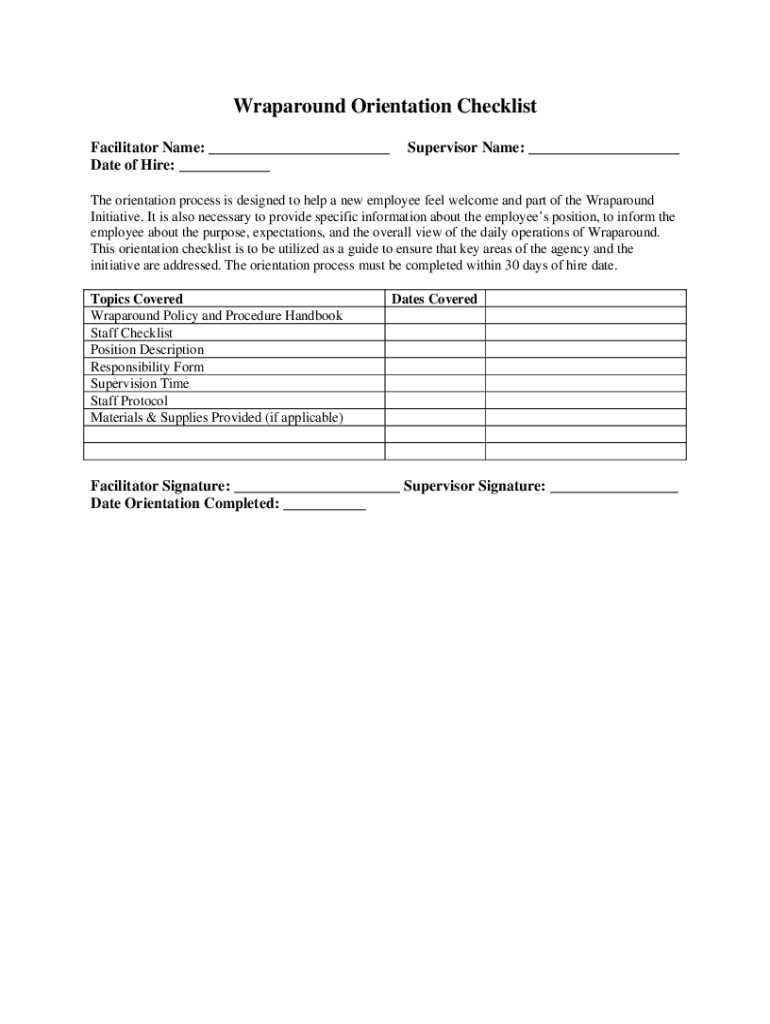 Fillable Online New Employee Orientation Program Supervisor's Checklist ...