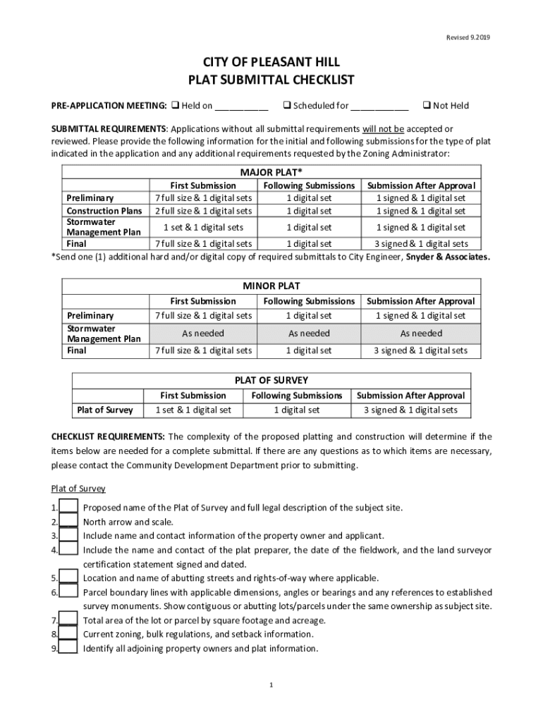 Fillable Online CITY OF PLEASANT HILL PLAT SUBMITTAL CHECKLIST Fax Email Print - pdfFiller