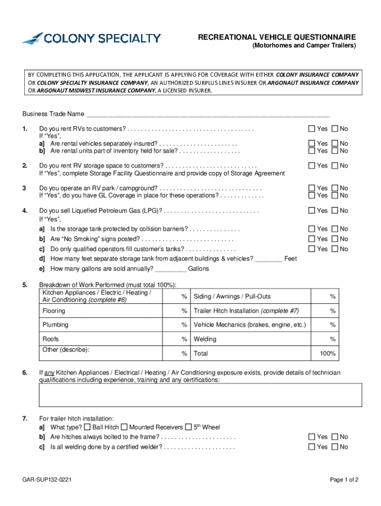 Fillable Online GAR-SUP132-0221 RV Questionnaire Fax Email Print ...