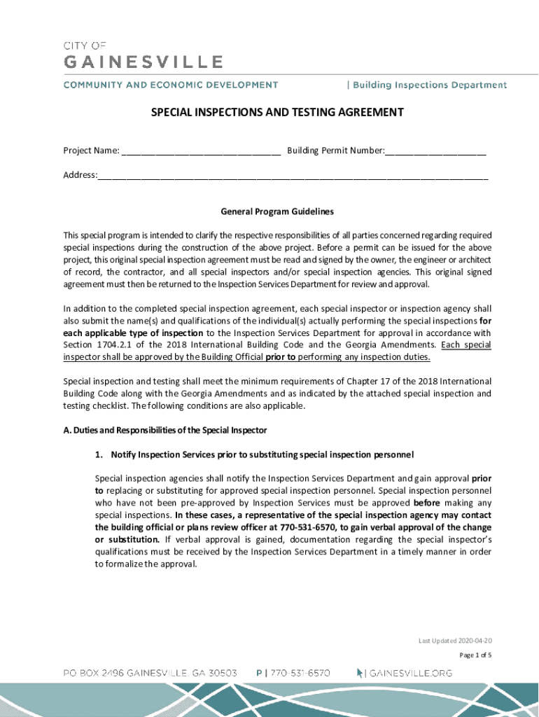Fillable Online Special Inspection and Testing Agreement and Schedule ...