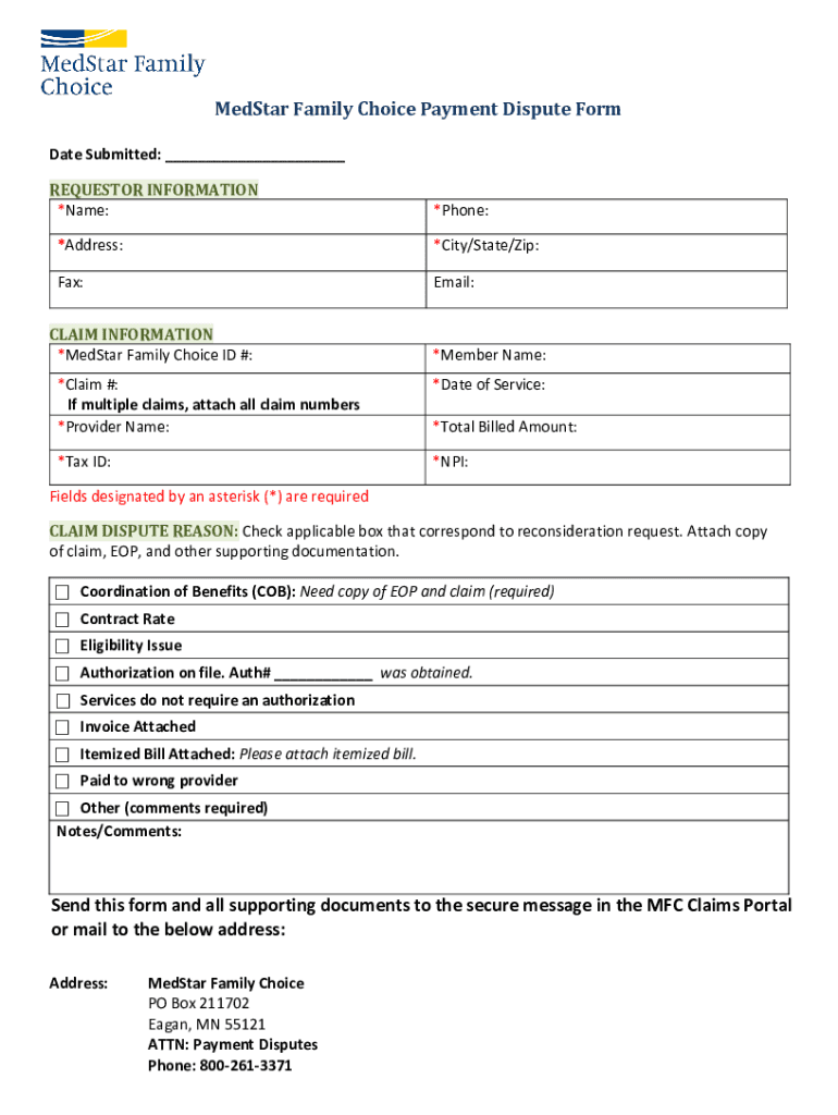 Fillable Online MedStar Family Choice Payment Dispute Form DO NOT USE ...