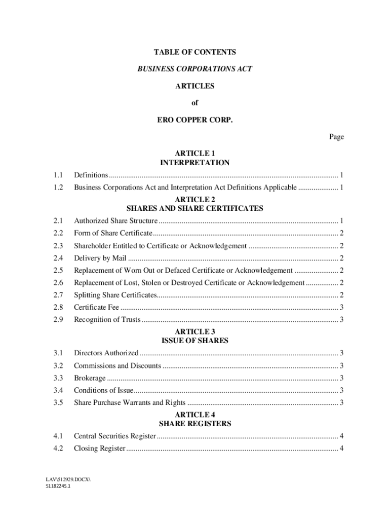 Fillable Online Articles / CLE Model / BCA / No Alternate Director ...