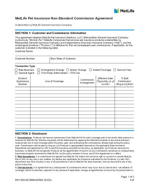 Fillable Online MetLife Pet Insurance Non-Standard Commission Agreement ...