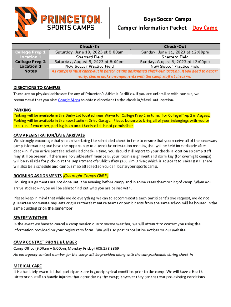 Fillable Online Boys Soccer Camps Camper Information PacketDay Camp Fax ...