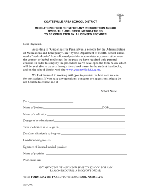 Fillable Online MEDICATION ORDER FORM FOR ANY ... Fax Email Print ...